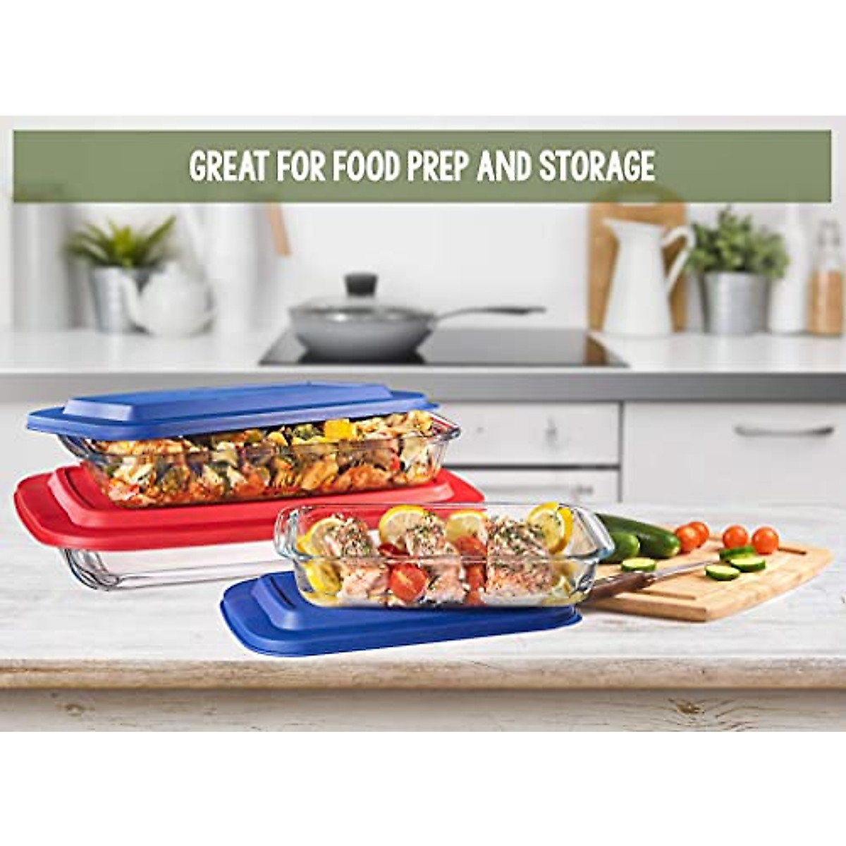 Bovado Glass Bakeware Set + BPA-Free Lids (1QT + 2.2QT + 3QT) | 3 Baking Dishes + Lids | Premium Rectangular Glass Baking Dishes for Casseroles, Lasagna, Leftovers & Cooking | Essential Kitchen Items
