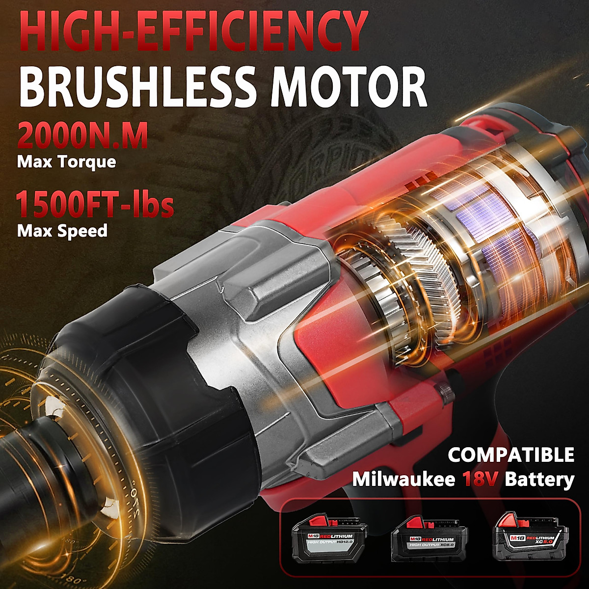 Srhvfuyr Cordless Impact Wrench 3/4 inch for Milwaukee 18V Battery, 1500FT-LBS(2000N.m) High Torque Brushless Electric Impac Gun, With 3 Speed Modes Power Impact Driver(No Battery)