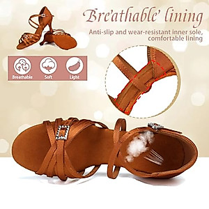 JUODVMP Women's Latin Dance Shoes Brown Satin Open Toe 3 inch Heel Ballroom Salsa Dance Sandals with Suede Sole,5.5US