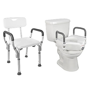 Vaunn Shower Chair Bath Seat with Padded Arms, Removable Back and Adjustable Legs and Vaunn Raised Toilet Seat and Elevated Commode Booster Seat Riser Bundle