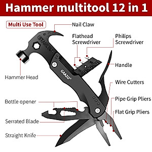 Multitool Camping Accessories, Stocking Stuffers for Men and Women, 12 in 1 Claw Hammer with Pliers Knife Saw Screwdrivers Bottle Opener Survival Gear for Camping Hiking Outdoor activities(Black)