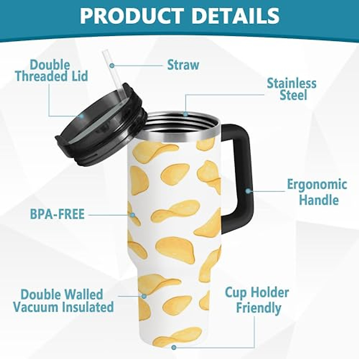 Exnundod Seamless Pattern Potato Chips Tumbler with Handle 30oz and Straw Insulated Tumblers Leak-proof Water Bottle for Car Travel
