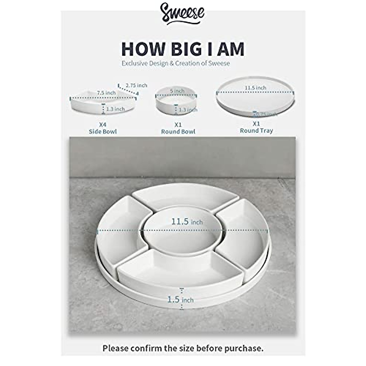 Sweese 707.001 Porcelain Divided Serving Dishes, Relish Tray, Serving Bowls for Parties - Perfect for Chips and Dip, Veggies, Candy and Snacks, White