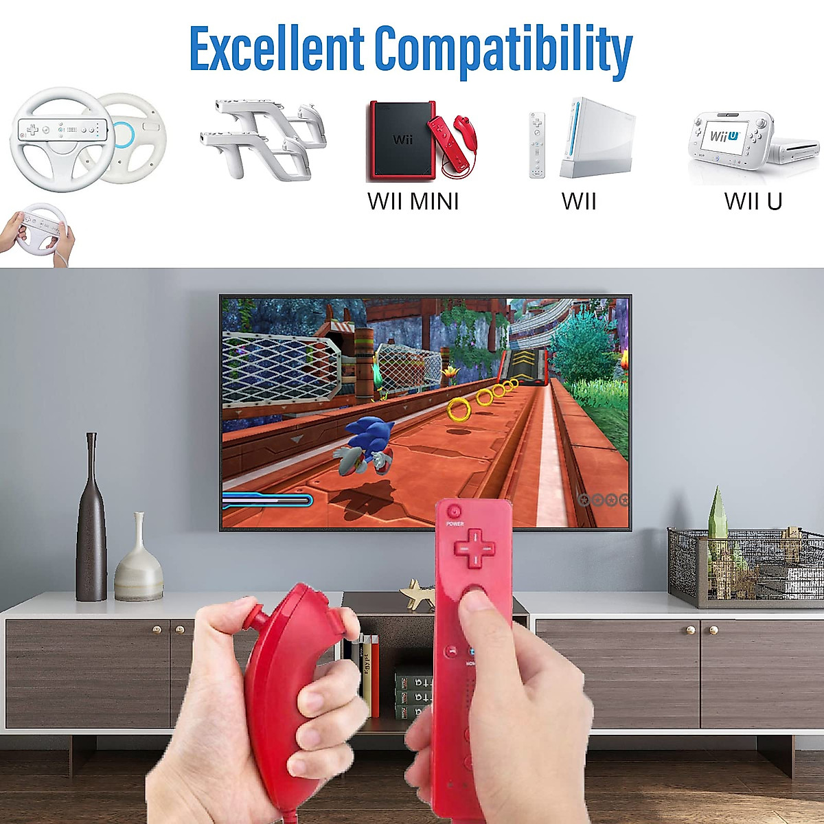 JTao-tec Wii Controller, 2 Packs Wii Controller and Wii Nunchuck for Wii and Wii U Console, with Silicone Case and Wrist Strap (Red + Water Blue)
