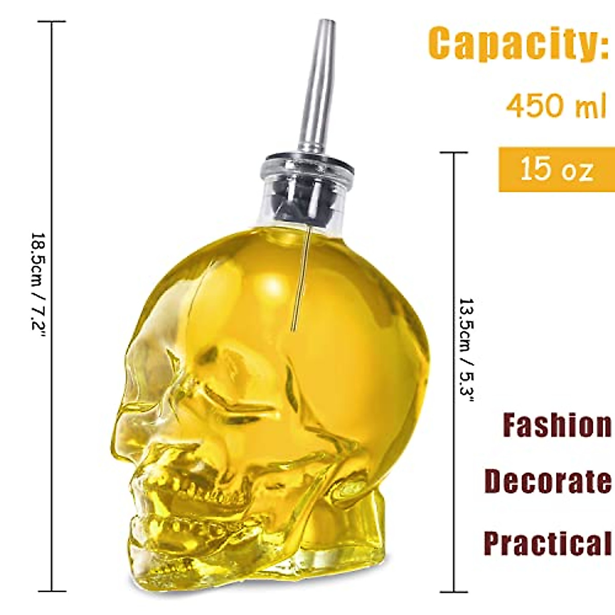 Gusnilo Olive Oil Dispenser 15 Oz Skull Shape Oil and Vinegar Dispenser Set Oil Bottle Glass Oil Bottle Oil Vinegar Cruet Set with Stainless Steel Pourer Spout Funnel 450 Ml