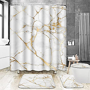ArtSocket 4 Pcs Shower Curtain Set Marble Gold White Black Geometric Rose Stone Abstract Modern Vintage White Golden with Non-Slip Rugs Toilet Lid Cover and Bath Mat Bathroom Decor Set 72" x 72"