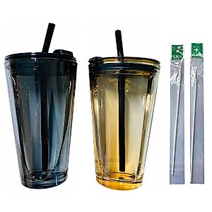 2 Pack 16 Ounce Tumbler with Lid and Straw, Leakproof Glass Cups with Lids and Straws, Iced Coffee Cup Silicone Sleeve Smoothie Cup Boba Cup