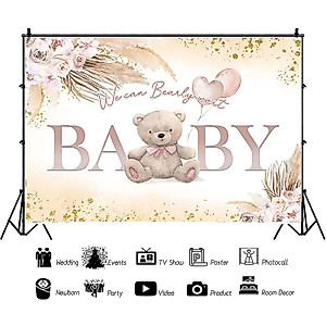 Aumeko Boho Bear Baby Shower Backdrop Bohemian Pampas Grass Pink Bear Baby Shower Background We can Bearly Wait Couples Co-Ed Shower Banner Decoration Supplies for Girls