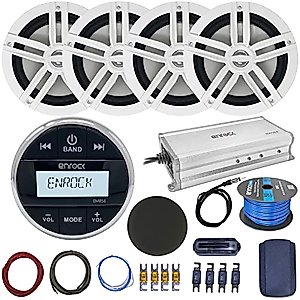 Enrock EM856 Bluetooth AM/FM Radio Digital Media Marine Gauge Hole Receiver Bundle Combo with 4x 6.5" 180W 2-Way White Boat Speakers, 4-Channel Amplifier w/ Kit, Speaker Wire, Antenna, Radio Cover
