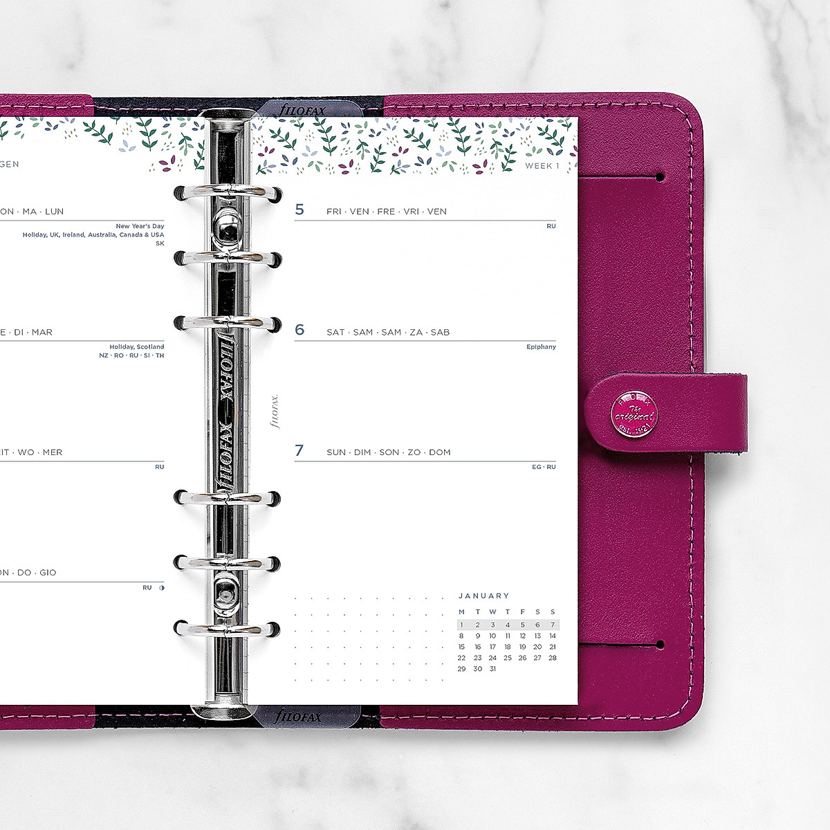 Filofax Calendar Diary Refill, Personal/Compact Size, Week-to-View, Garden Minimal Diary Pack, Multilingual: Five Languages, 2024 (C68492-24)