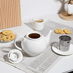 ComSaf Porcelain Teapot with Removable Infuser & Lid 37oz(4-5 Cups), Large Tea Pot with Stainless Steel Fine Mesh Infuser, Ceramic Tea Maker with Strainer for Loose Leaf Tea or Bags, White