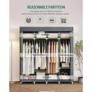 Hzuaneri 67 Inch Closet Wardrobe, Clothes Storage Organizer for Hanging Clothes with Cover, 4 Hanging rods, 9 Storage Shelves, Portable Closet for Bedroom 67 x 16.5 x 66, Pure Grey