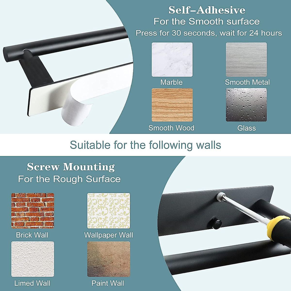 Paper Towel Holder, Self Adhesive or Screw Mounting, Black Paper Towel Holder Wall Mount, SUS304 Stainless Steel Paper Towel Holder Under Cabinet for Kitchen, Counter, Cabinet, Bathroom