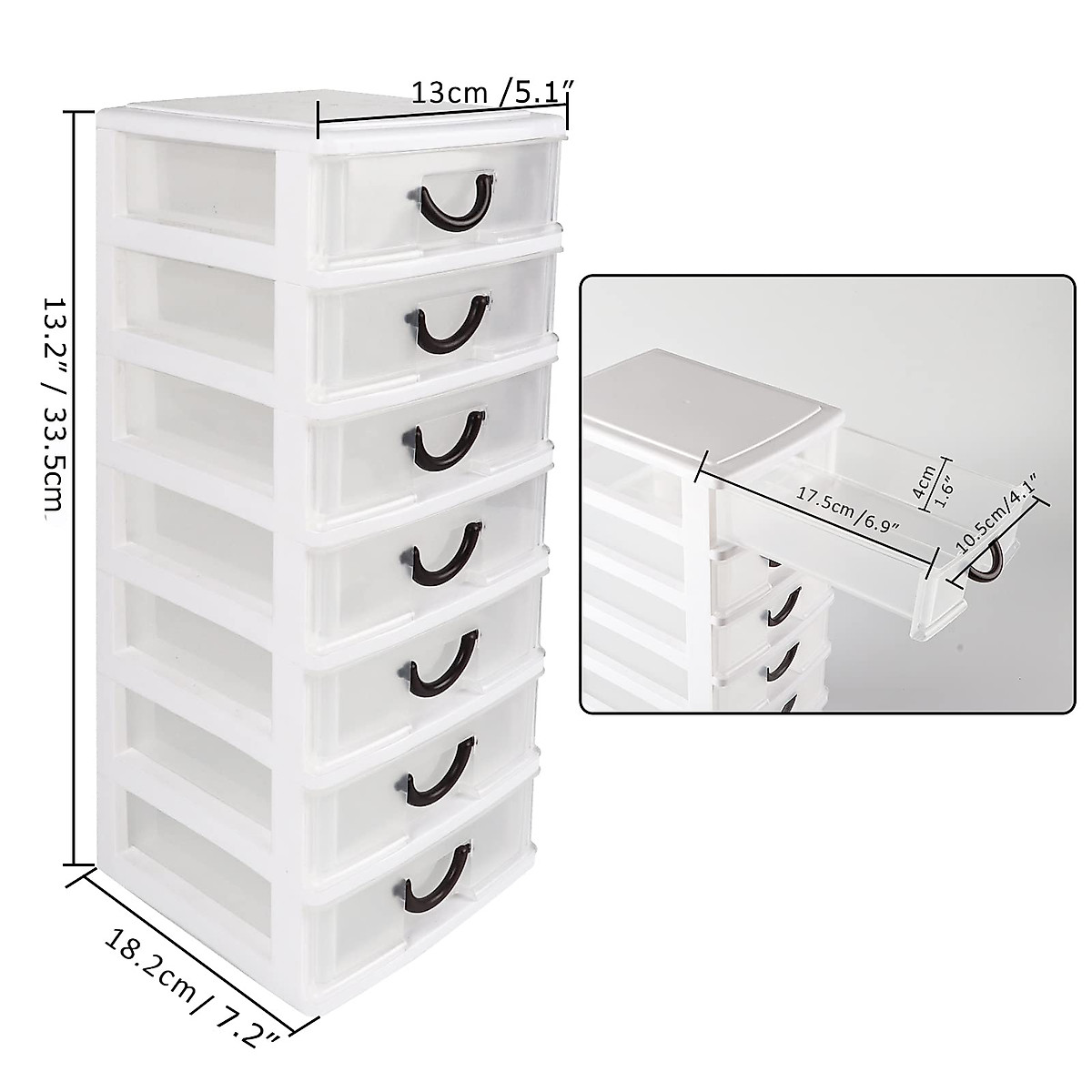 Rempry 7.1"x5.1"x13.2" Mini Organizer Box Storage Container Case with 7 Clear Desktop Drawer Units,White