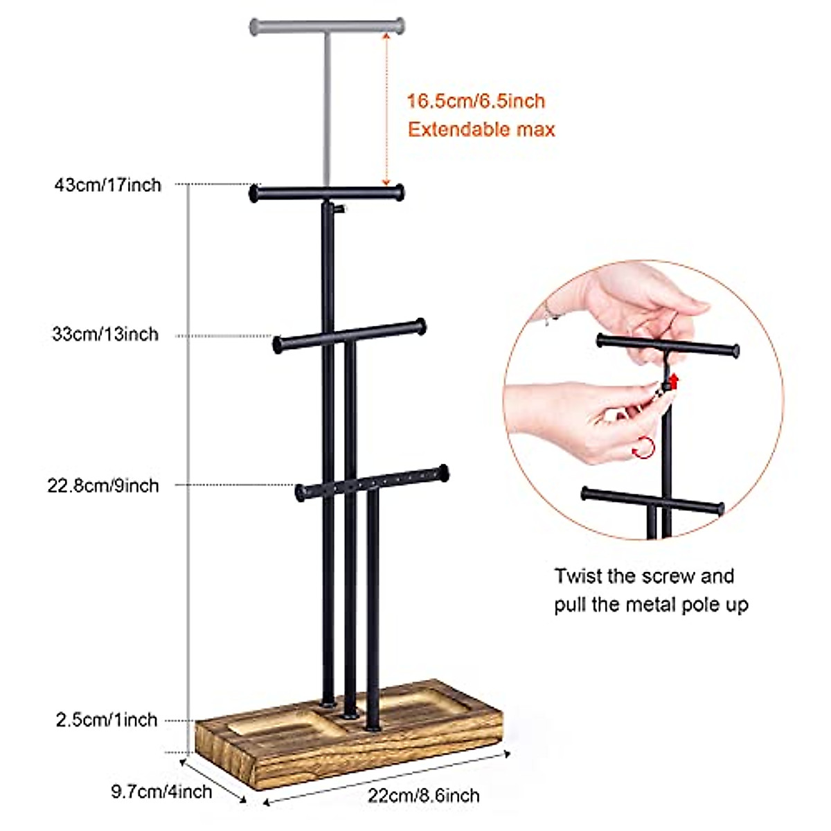 Love-KANKEI Jewelry Organizer Stand Metal & Wood Base and Large Storage Necklaces Bracelets Earrings Holder Organizer Black and Carbonized Black