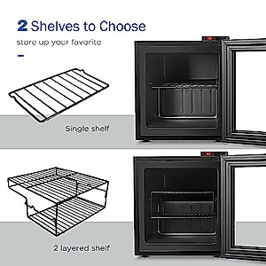 ADT Mini Freezer with Display Glass Door 1.1 Cu Ft Small Freezer with 2 Removable Shelves 7 Temperature Settings -8°F to 14°F Perfect for Liquor and Ice Cream