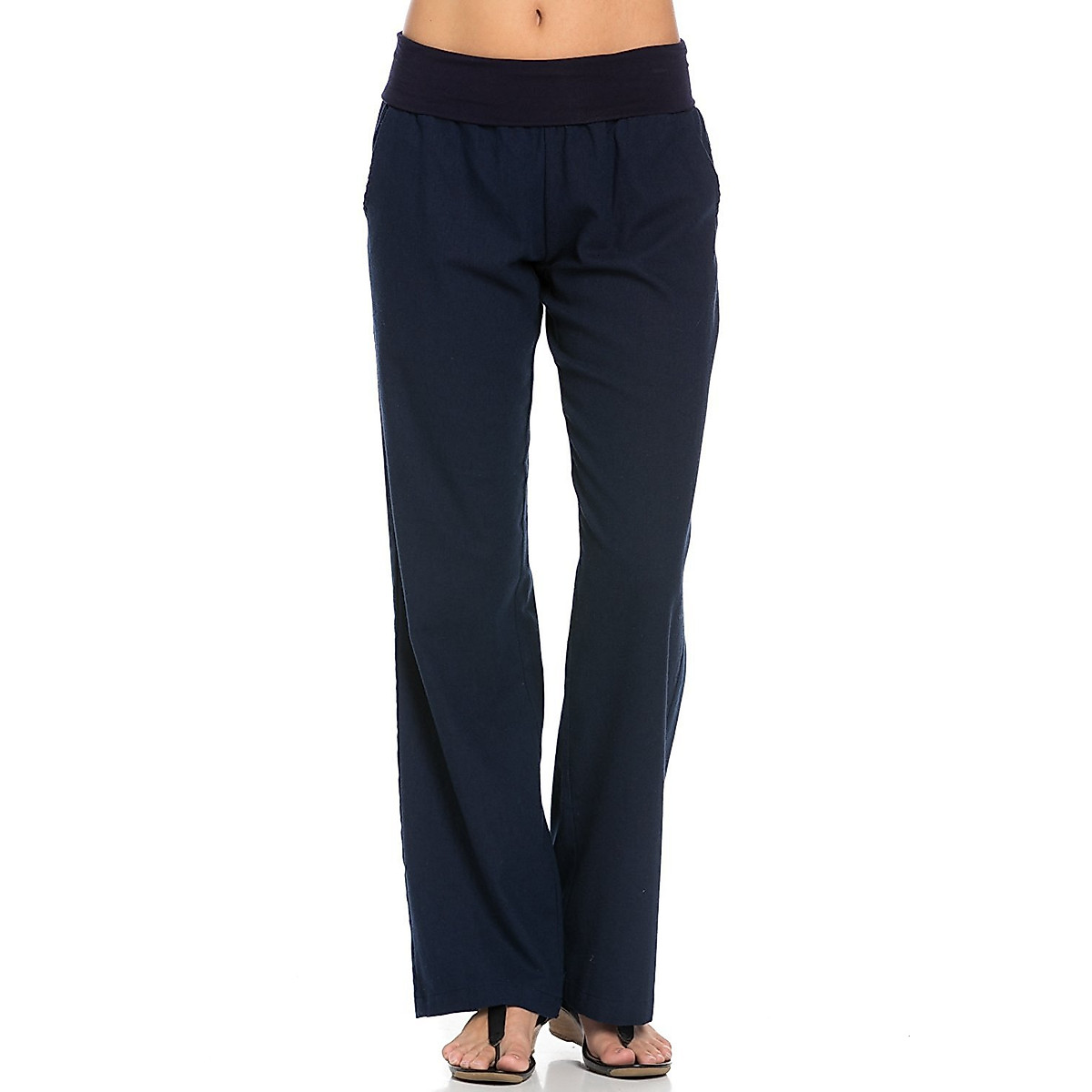 Poplooks Women's Comfy Fold Over Linen Pants (Medium, Navy)