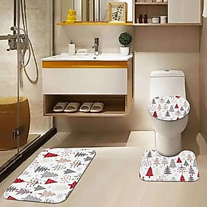 ArtSocket Bathroom Rugs and Mats Set 3 Piece, Christmas Trees Red Doodle Holly Absorbent Microfiber Memory Foam Bath Mat Machine Washable Bathroom Floor Mats