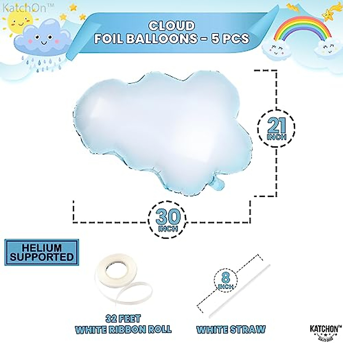 KatchOn, Huge Cloud Balloons Set - 30 Inch, Pack of 5 | Cloud Balloons Kit for Cloud 9 Party Decorations | Cloud Balloon Party Supplies for Happy Cloud Baby Shower Decorations, Sky Party Decorations