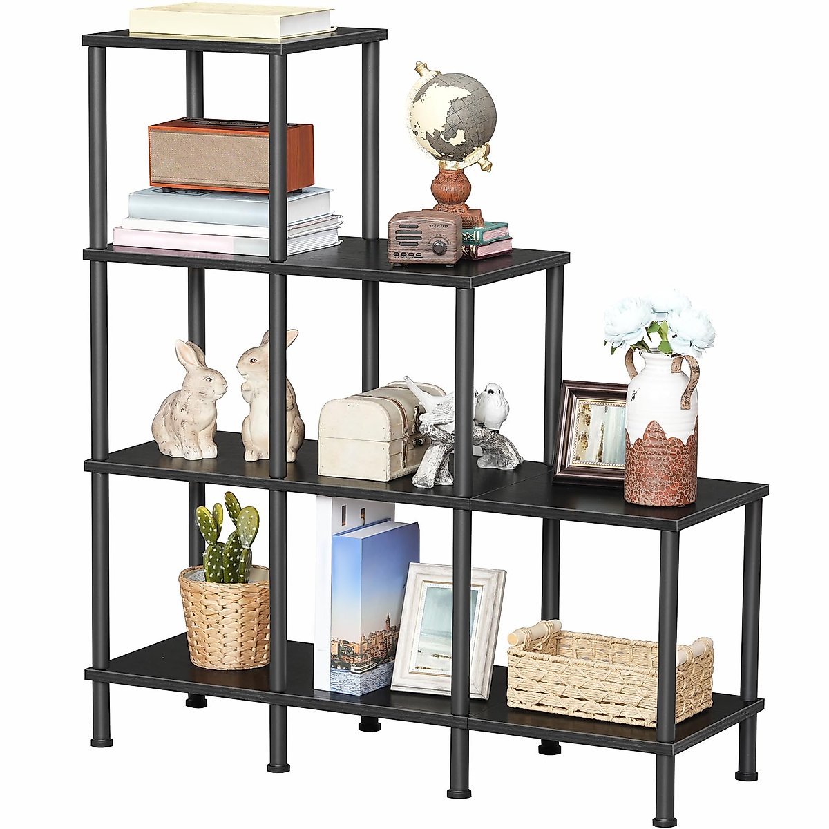 HOOBRO DIY Bookshelf Organizer, 4-Tier Cube Shelf Organizer, Industrial Stepped Bookcase, Ladder Shelf with 6-Cube Storage Organizer, Cube Bookcase, Cube Storage Shelf for Living Room, Black BB39CJ01