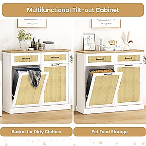 IDEALHOUSE Double Tilt Out Trash Cabinet with Natural Rattan, Hidden Trash Can Cabinet 10 Gallon Storage Holder, Freestanding Garbage Bin Cabinet for Kitchen Dining Living Room