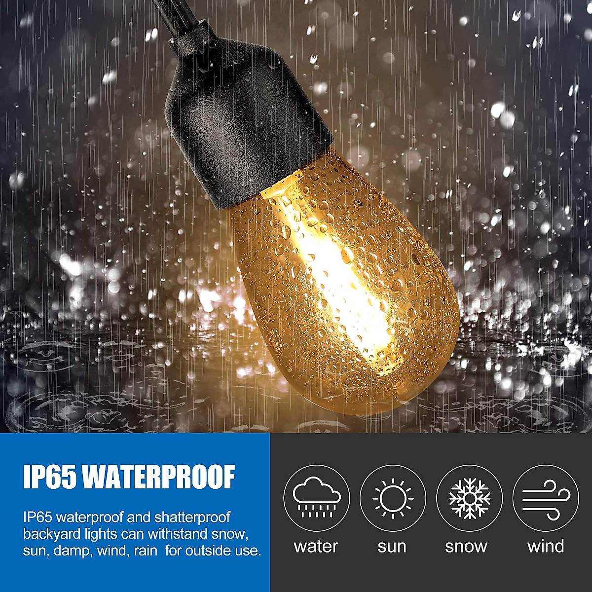 JOYSTA Outdoor String Lights - Waterproof Patio Light String 48FT with 15 Hanging Sockets IP65 Weatherproof Yard Lights 1w S14 Bulbs Lighting for Party Bistro Backyard Garden Cafe