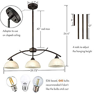 DAYCENT Vintage Frosted Glass Alabaster Shades Pendant Lighting for Kitchen Island 3-Light Rod-Hung Ceiling Hanging Light, Golden Bronze