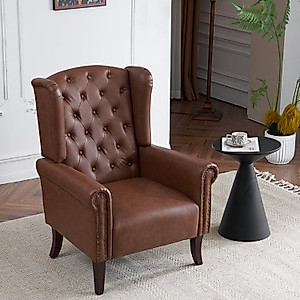 MOJAY Mid-Century PU Leather Accent Chair, Living Room Lounge Sofa Chair with Buttons, Single Club Armchair with Rivet Trim for Bedroom Home Reception (Brown)