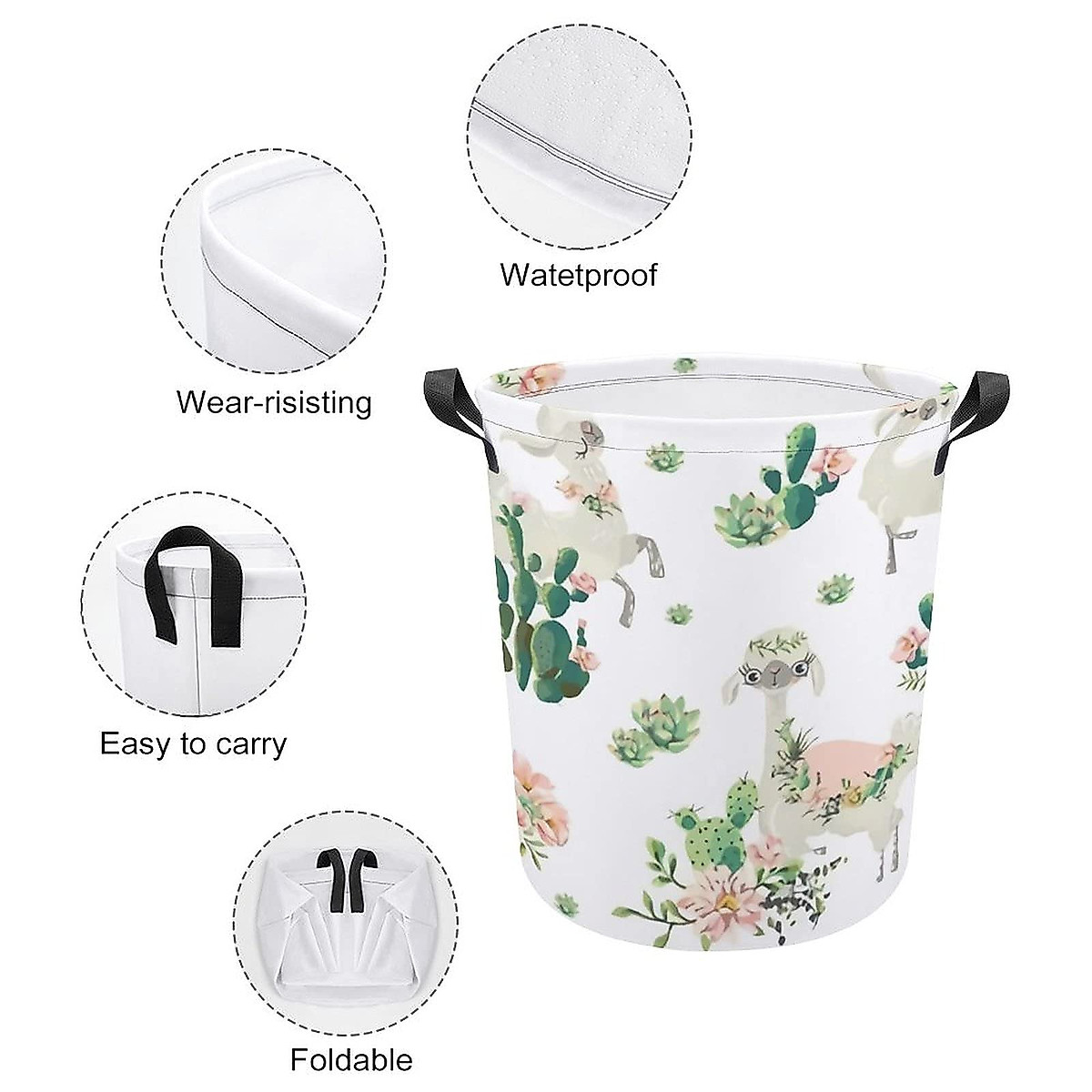 Cactus Floral Llama White Storage Basket Bin, Round Laundry Bakset Hamper Collapsible Nursery Bin with Handle for Clothes Toys Books Home Decor