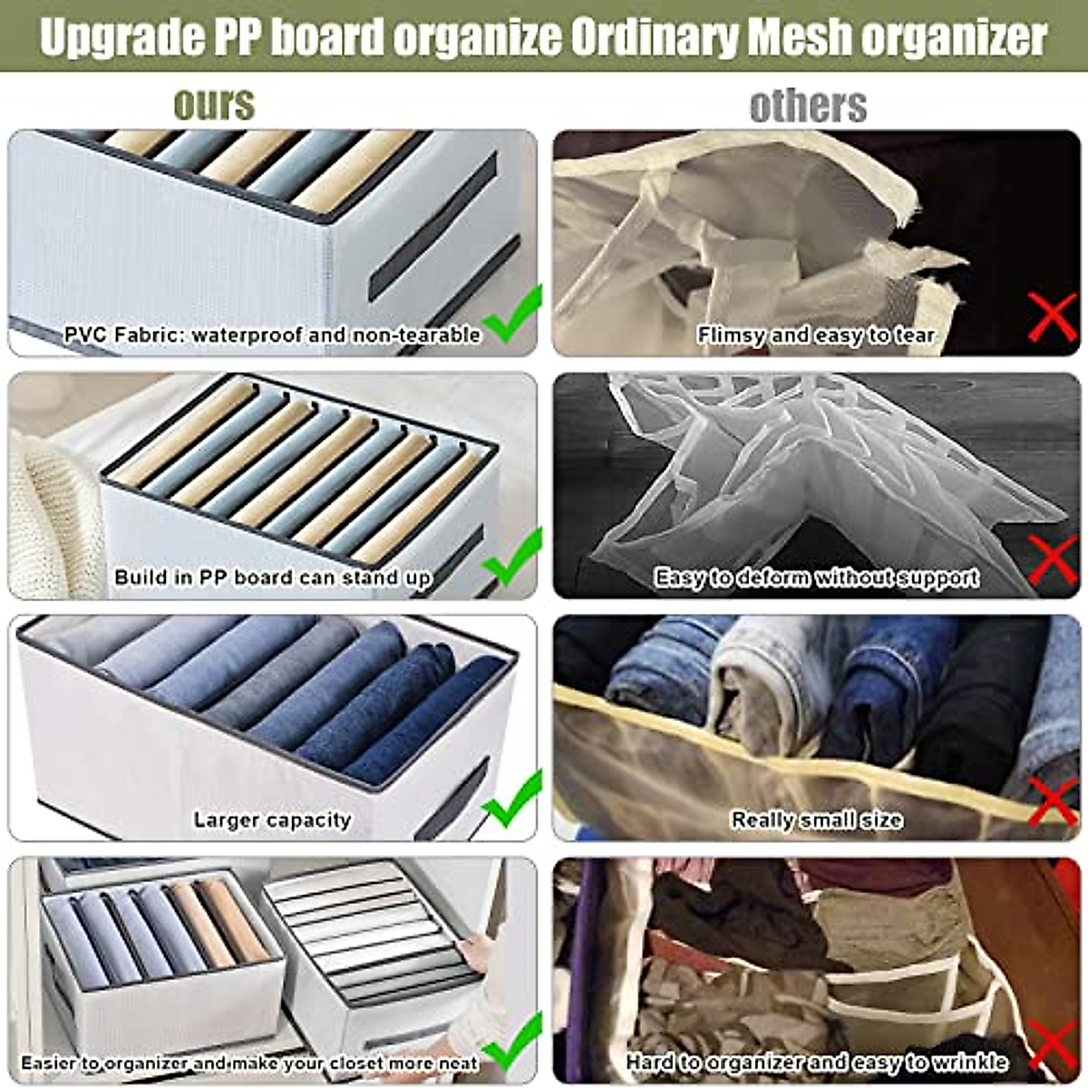 TOOVREN Jeans Organizer for Closet Extra Large 7 Grids, Upgraded Wardrobe Clothes Organizer with Handle, Sturdy Foldable Clothes Storage Box for Adults Jeans Pants, Sweaters (Built-In PP Board),3 Pack