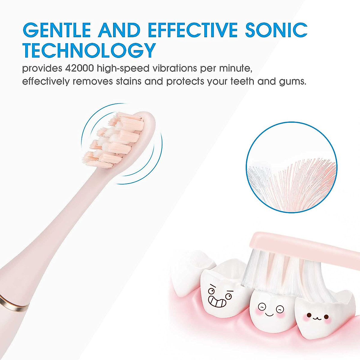 NC Sonic Electric Toothbrush, Goodoral Powerful Cleaning Rechargeable Waterproof Toothbrushes with 2 Brush Heads for Adults and Kids(Pink)