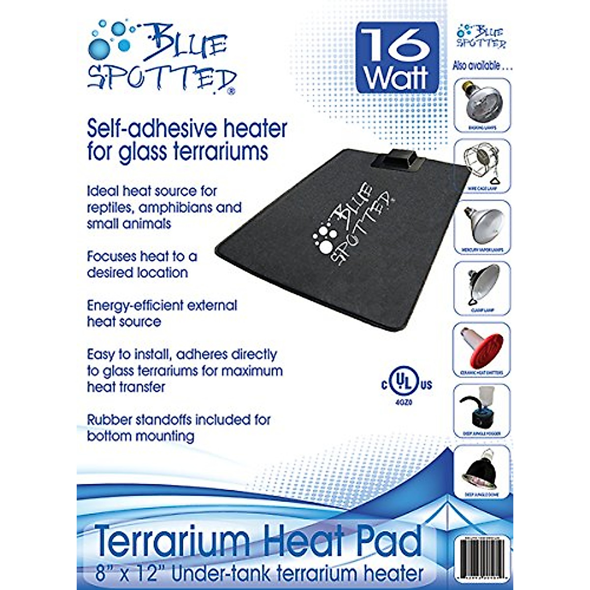 Blue Spotted Under Tank Heater, Terrarium Heat Pad, Size Medium 8 Inches x 12 Inches, for Reptiles, Amphibians and Small Animals and Use with Glass Terrariums