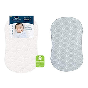 HALO DreamWeave Breathable Mesh BassiNest Mattress Replacement Pad and HALO BassiNest Fitted Sheet Morning Mist, Bundle