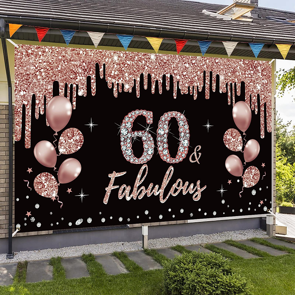 60th Birthday Decorations 60 & Fabulous Birthday Banner for Women, Rose Gold 60 Birthday Theme Sign Party Supplies, Sixty Year Old Bday Background Photo Booth for Indoor Outdoor