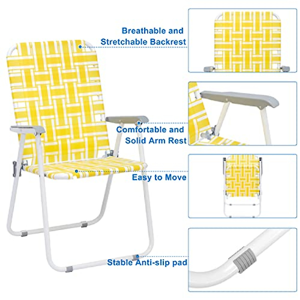 2Pc Lawn Chair for Adults,Portable Beach Chairs Camping Chair,PP Braided Belt Steel Pipe,Outdoor Camping Chairs for Yard,Garden,Poolside,Support 265 Lbs-Yellow