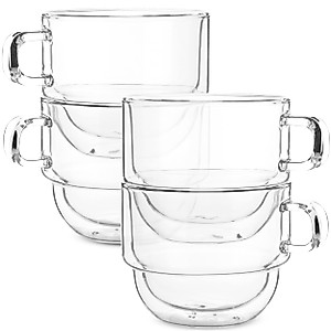 BTaT- Stackable Insulated Coffee Mugs, 4 Pack 12 oz(350 ml), Ideal for Hot and Cold Drinks, Stackable Cappuccino Cups, Double Wall Glass Coffee Cups, Tea Cups, Latte Cups, Latte Mug
