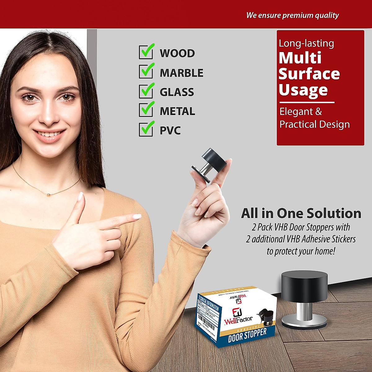 2 Pack Door Stoppers Stop with Extra Stickers, Self-Adhesive Door Stops with Black Rubber Bumper & Stainless Steel Body - Heavy Duty Door Knob Wall Protector Sound Dampening for Home & Office Use