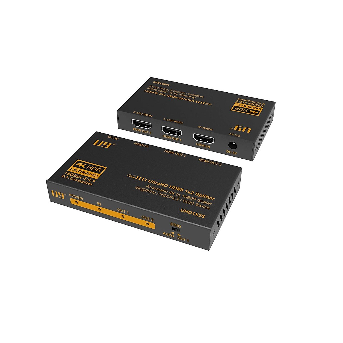 U9 ViewHD 1 in 2 out HDMI 2.0 18Gbps 1x2 Splitter with automatic 4K to 1080P Downscaler / 4K@60Hz / HDR and Dolby Vision / HDCP 2.2 / 1 Input to 2 Outputs / EDID Control | Model: UHD1X2S