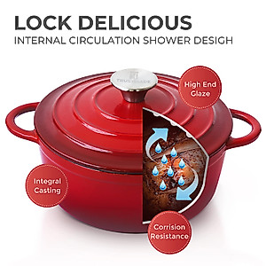 Trustmade 3 QT Cast Iron Dutch Oven, Enamel Coated Cookware Pot with Self Basting Lid for Home Baking, Braiser, Cooking, Red