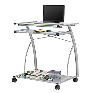 Calico Designs 50101 L-Shaped Computer Cart with Clear Glass, Silver