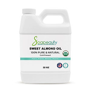 Soapeauty Sweet Almond Oil Cold Pressed Refined USDA Organic | 100% Pure Sweet Almond Oil Available in Bulk | Carrier for Essential Oils, Almond Oil for Skin, Face, and Hair, Soap Making | 32 fl oz