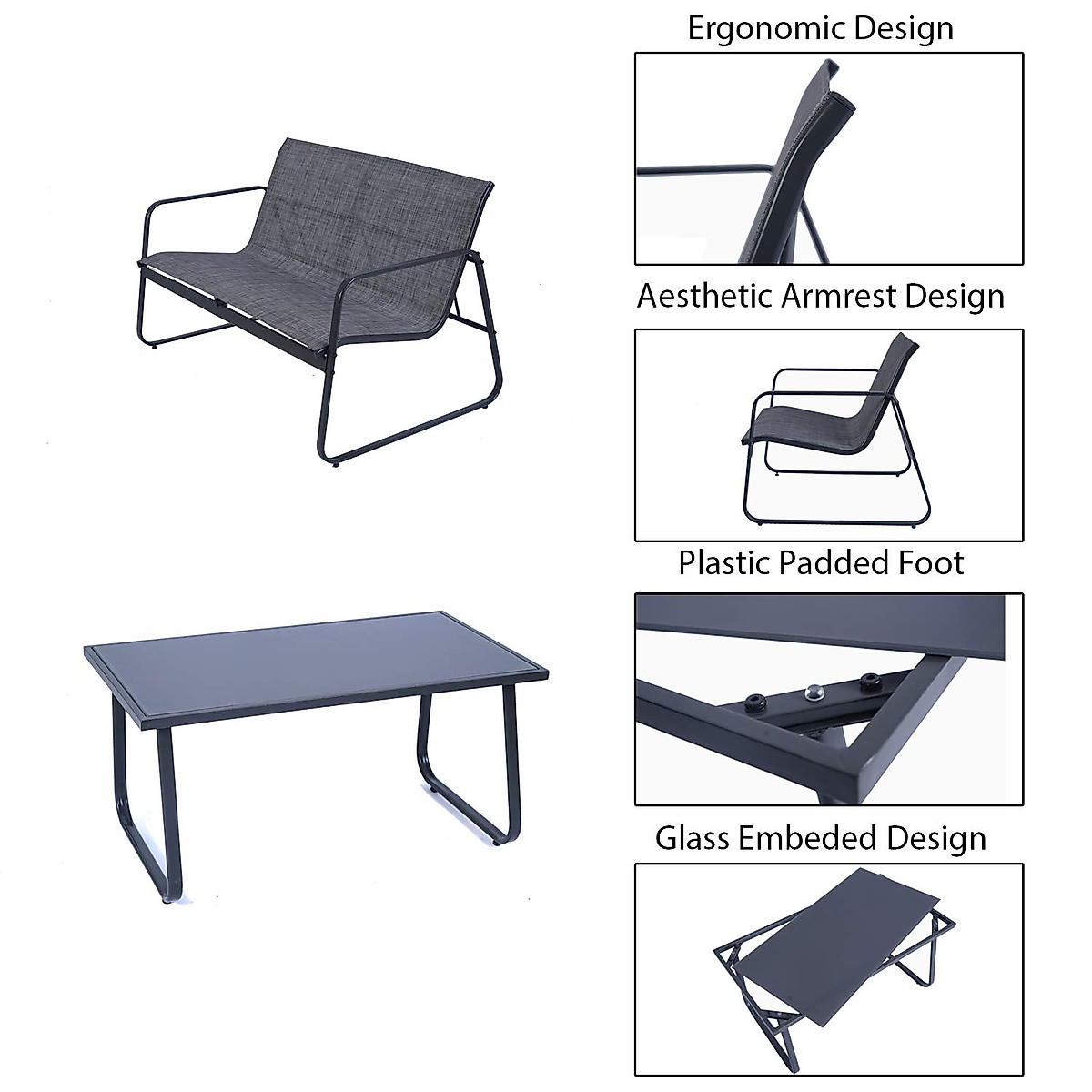 Kozyard Sofia 4 Pieces Outdoor Patio Furniture Conversation Set with Strong Powder Coated Metal Frame, One Love Seat, Two Single Chairs and One Table for Front Porch Balcony Backyad (Gray)