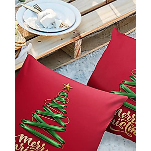 Outdoor Waterproof Throw Pillow Covers, Christmas Tree Furniture Decorative Throw Pillowcase Set of 2, Green Xmas Tree with Star Christmas Red Cushion Case for Patio Tent Couch 18x18 Inch