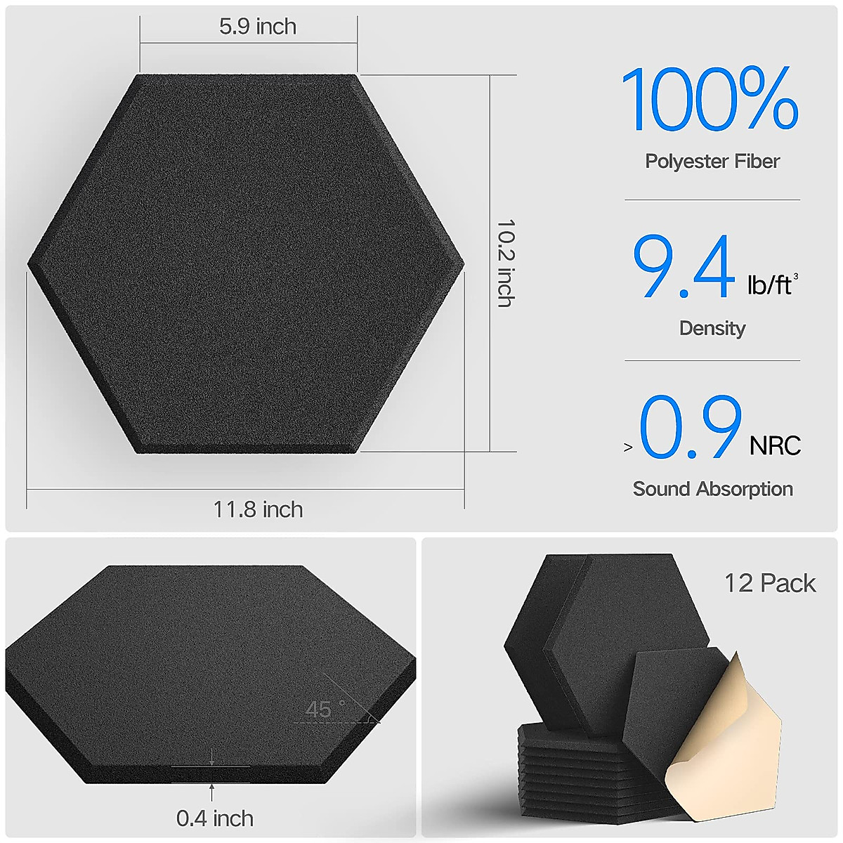 Dailycooper 12 Pack Self-adhesive Acoustic Panels 12" X 10" X 0.4" - Sound Proof Foam Panels with High Density, Stylish Hexagonal Design, Flame Resistant, Absorb Noise and Eliminate Echoes(Black)