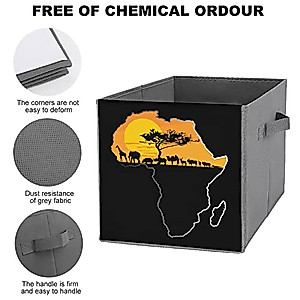 African Animals Over Map of Africa Foldable Storage Bins Printd Fabric Cube Baskets Boxes with Handles for Clothes Toys, 11x11x11