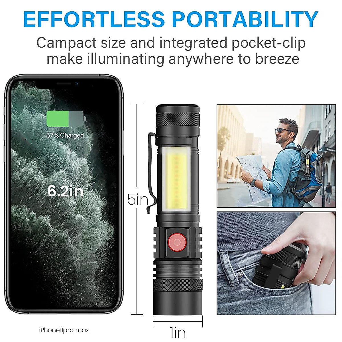 Vnina USB Rechargeable Flashlight, LED Magnetic Flashlights Super Bright Tactical Flashlights with Cob Sidelight Waterproof Zoomable 6 Modes USB Rechargeable for Camping Emergency