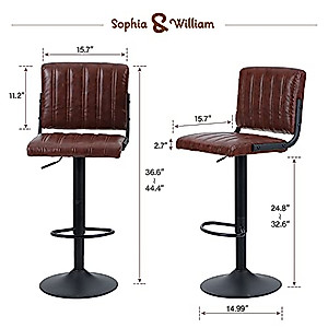 Sophia & William Kitchen Bar Stools Set of 2 Counter Height Adjustable Swivel Bar Stools with Back, Modern PU Leather Cushioned Counter Stools for Island Pub, Farmhouse, 300lbs ,Reddish Brown