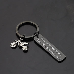 BLEOUK Dirt Bike Driver Boyfriend Husband Gift Ride Safe I Love You Wheelie Much Motorcycle Keychain for Him (RIDE WHEELIE black)