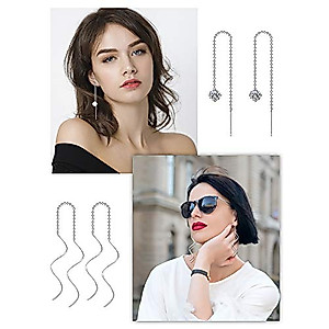 12 Pairs Threader Earrings for Women Stainless Steel Chain Tassel Earrings Threader Lightweight Wave Long Bar Arrow Drop Dangle Chain Earrings Set (Silver)