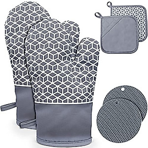 Oven Mitts and Pot Holders, Hmtruly Extra Long Oven Gloves, 500℉ Heat Resistant Oven Mitts with Non-Slip Silicone Pattern, Oven Hot Pads Pot Holders for BBQ Kitchen Baking Cooking (6-Piece Set, Grey)